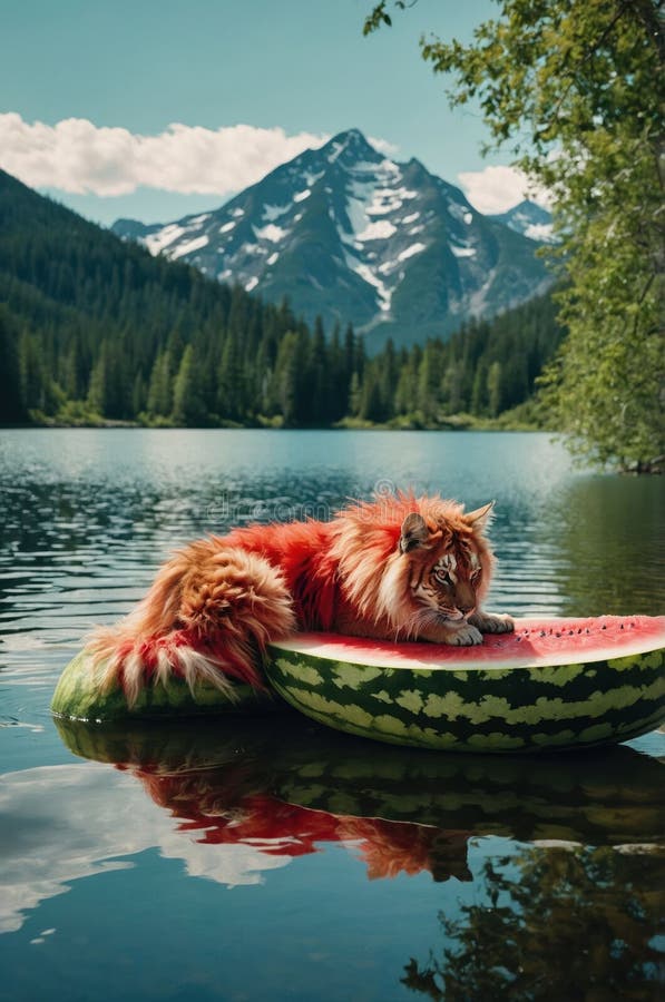 Fluffy Ginger Cat on a Giant Watermelon Floating on a Mountain Lake ...