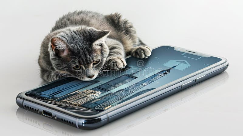 A Fluffy Cat is Lying on Mobile Phone. Pets and Modern Technology Stock ...
