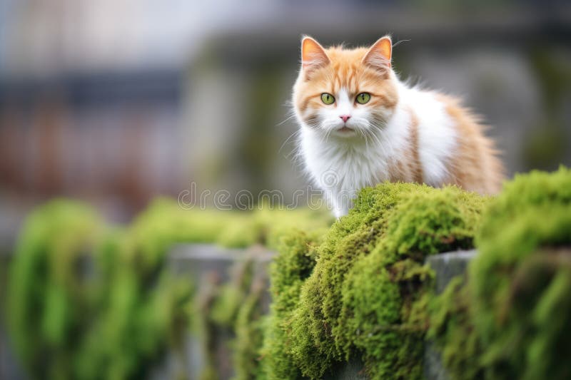 Fluffy Cat on a Moss-covered Stone Wall Stock Illustration ...