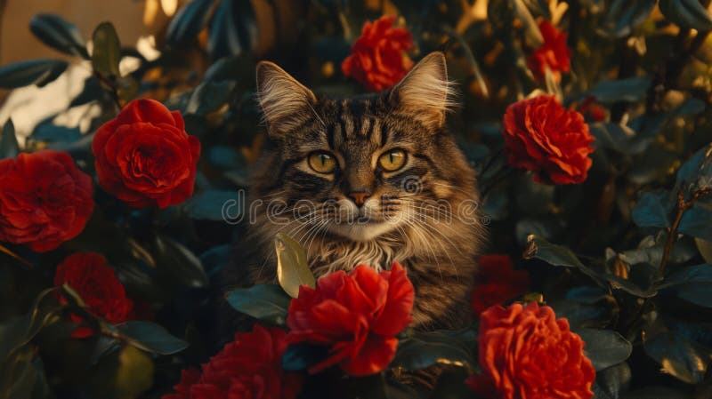 A Fluffy Cat among Red Roses in a Garden Stock Illustration ...