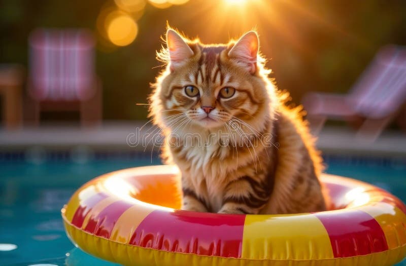 A Fluffy Cat Relaxes on a Bright Pool Float while Sunlight Creates a ...