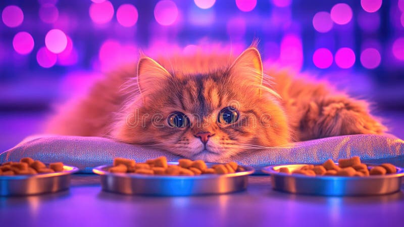 Fluffy Cat Relaxing with Food Under Neon Lights Stock Photo - Image of ...
