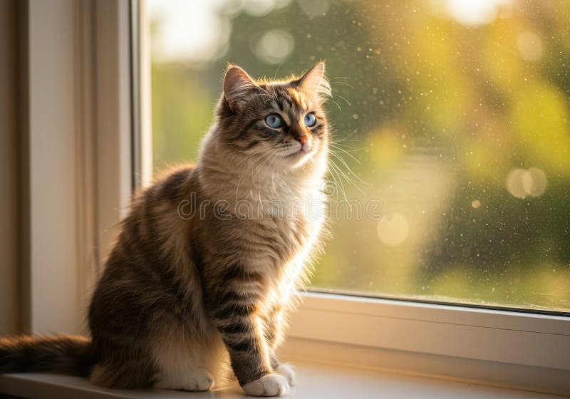Fluffy Cat Relaxing Sunny Window Sill Greenery Background Stock Photos ...
