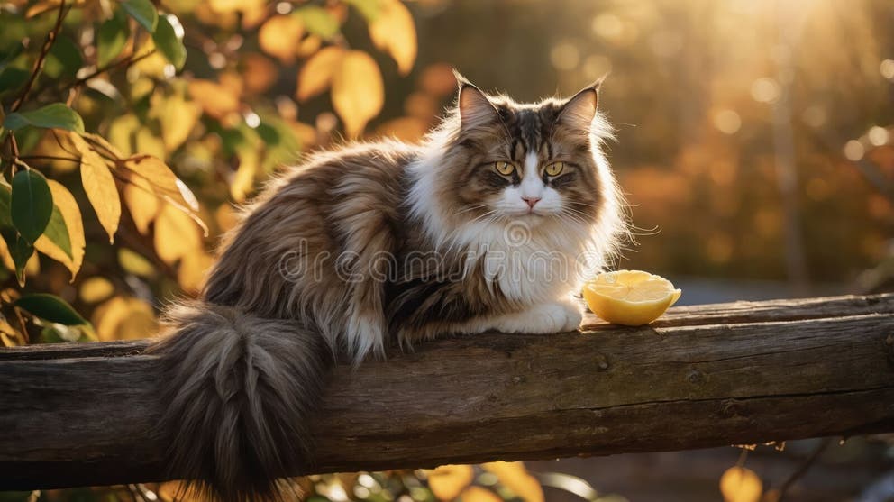Majestic Maine Coon Cat in Autumn Sunlight with Lemon Stock Image ...