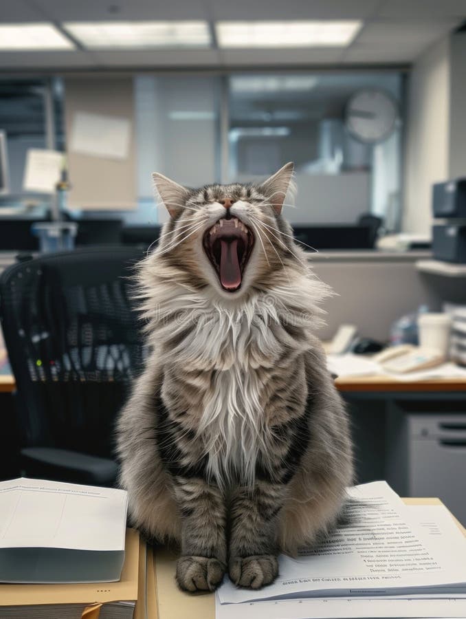 Office Cat Yawning , Furry Friend in Workplace Setting, Perfect for ...
