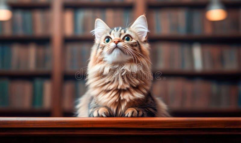 Fluffy Cat Sitting in a Cozy Library Stock Illustration - Illustration ...