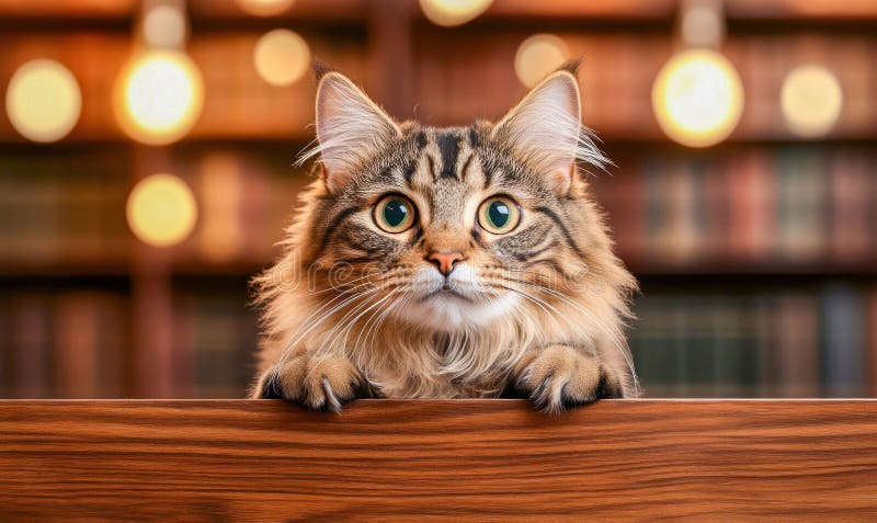 Fluffy Cat Sitting in a Cozy Library Stock Illustration - Illustration ...