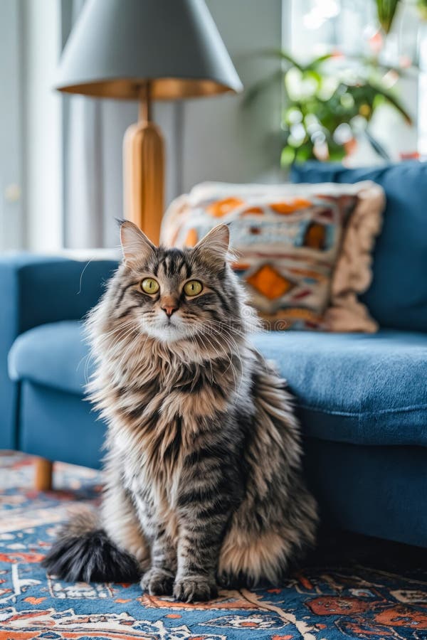 A Fluffy Cat Sitting on a Rug in Front of a Blue Couch. Generative AI ...
