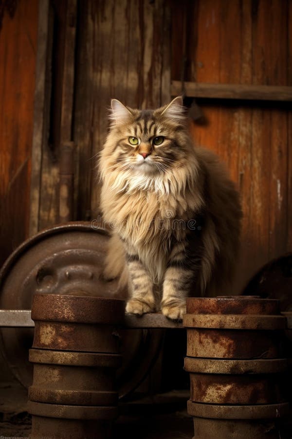 A Fluffy Cat Sitting on Top of a Stack of Rusty Pots. Generative AI ...