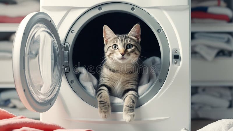 Fluffy Cat Sitting in a Washing Machine. Generative AI. Stock Photo ...