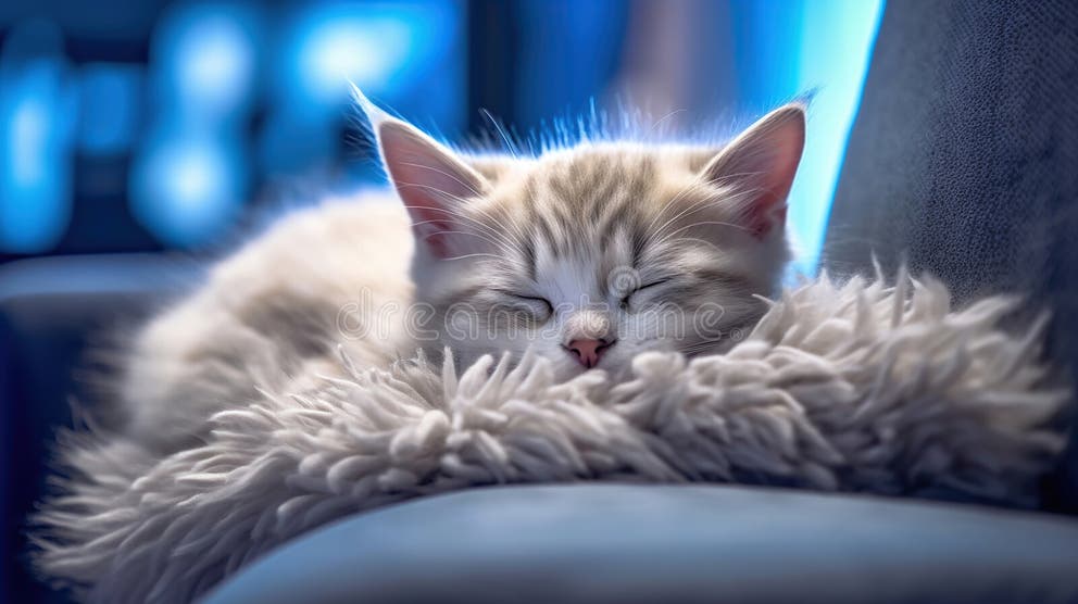 Fluffy Cat is Sleeping on Blue Blue Pillow. Generative Ai Stock ...
