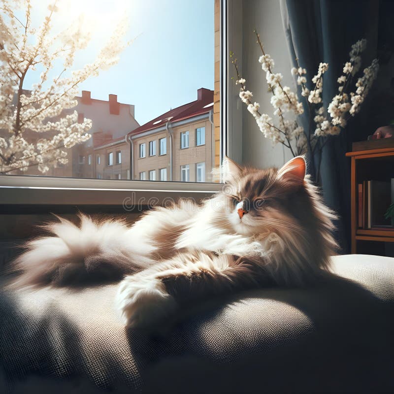 Fluffy Cat Sleeping on a Sofa by the Window in Spring Stock ...
