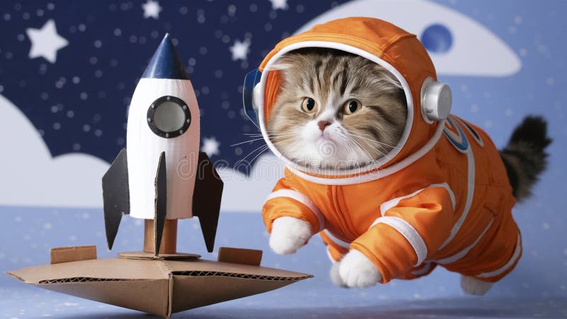 Fluffy Cat in Space Suit beside Model Rocket Stock Illustration ...