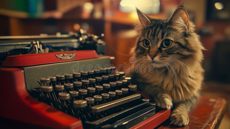 A Curious Cat Sitting Next To a Vintage Typewriter in a Cozy Study ...
