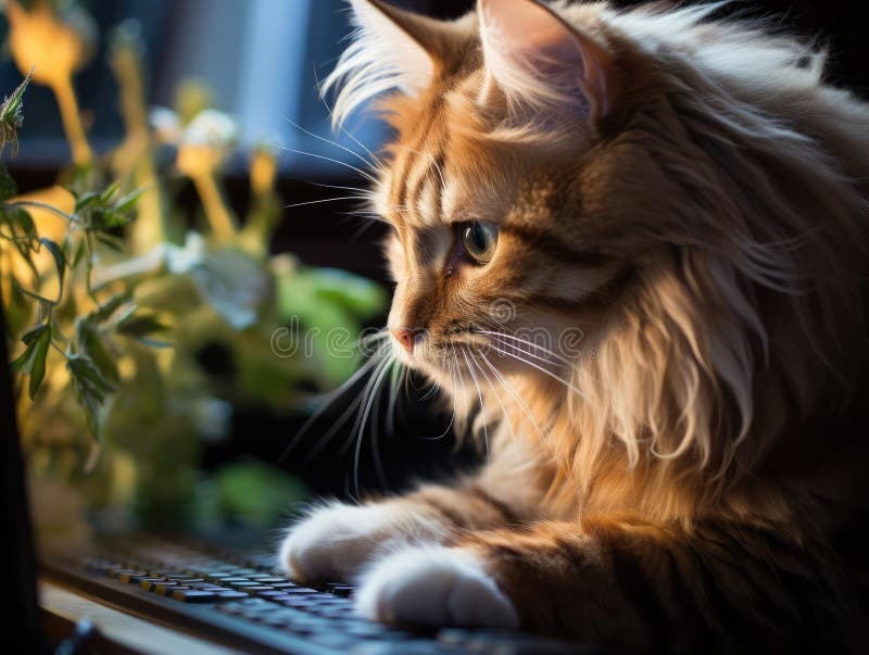 Fluffy Cat Typing on Computer Keyboard Stock Illustration ...