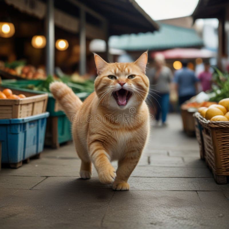 Fluffy Cat Walking through the Market Stock Illustration - Illustration ...