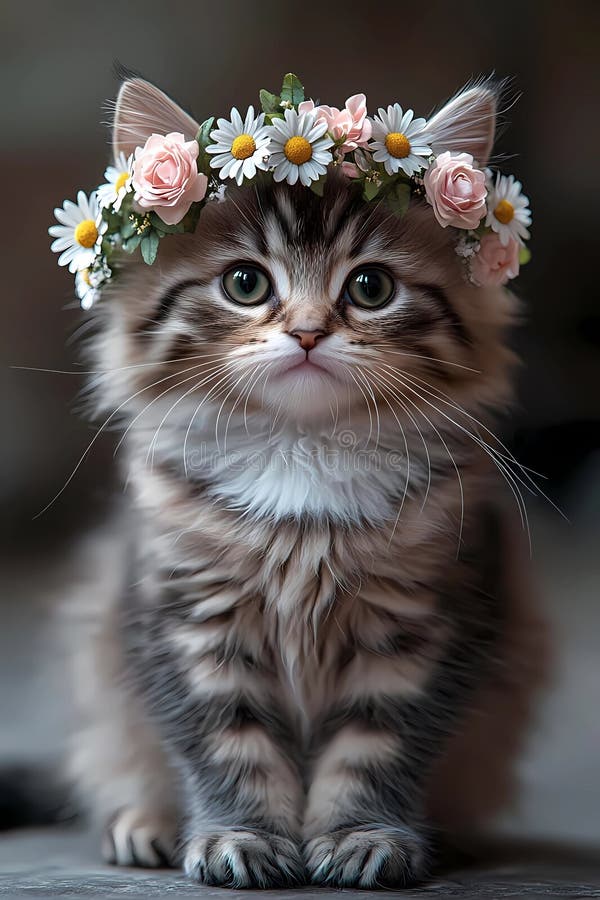 Fluffy Cat Wearing a Daisy Crown Looks Directly at the Camera ...