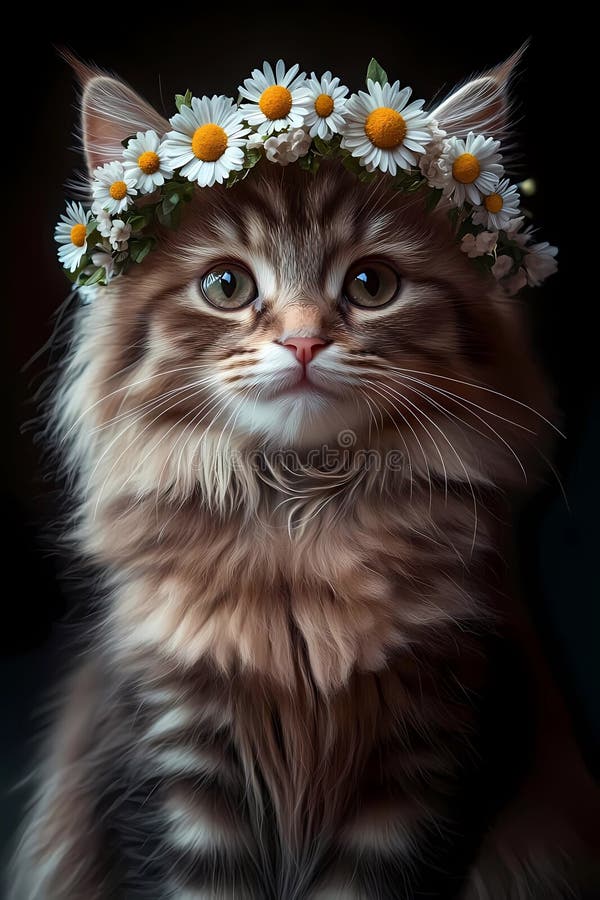 Fluffy Cat Wearing a Daisy Crown Looks Directly at the Camera ...