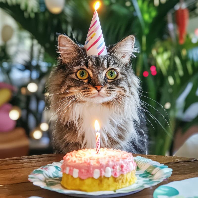 Fluffy Cat Wearing a Party Hat beside a Birthday Cake Stock ...