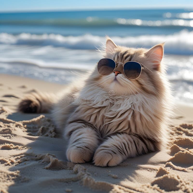 A Fluffy Cat, Wearing Sunglasses Sunbathing on the Beach. Stock Image ...