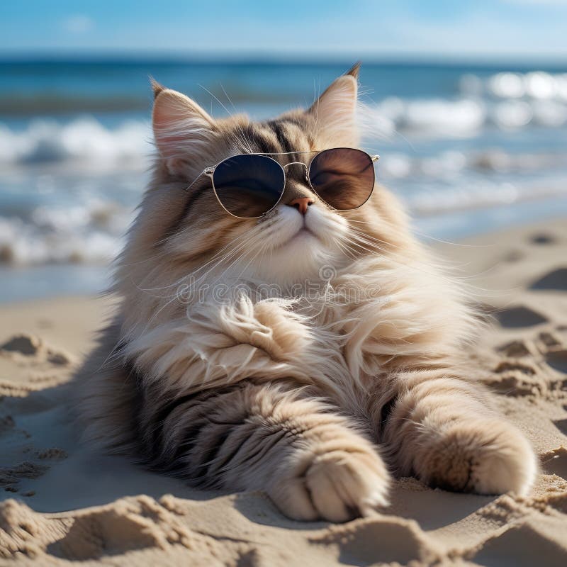 A Fluffy Cat, Wearing Sunglasses Sunbathing on the Beach. Stock Photo - Image of sunglasses ...