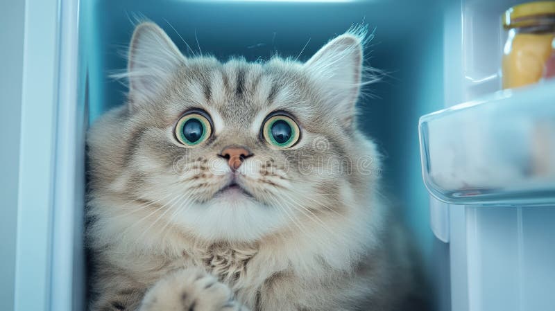 Fluffy Cat with Wide Eyes Peeks Out from a Refrigerator Shelf, AI Stock ...