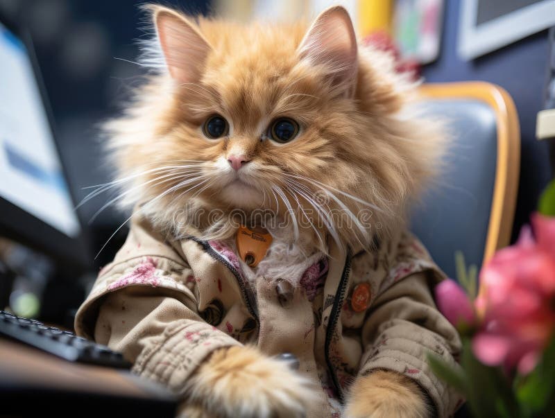 Fluffy Cat Working at Mini Desk Stock Illustration - Illustration of ...