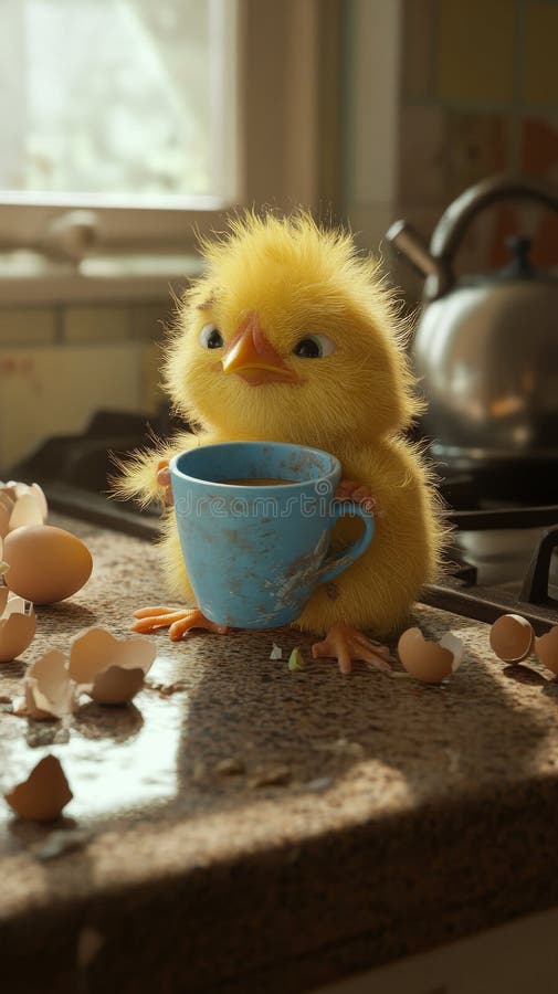 Fluffy Chick with a Blue Mug in a Rustic Kitchen Stock Photo - Image of ...