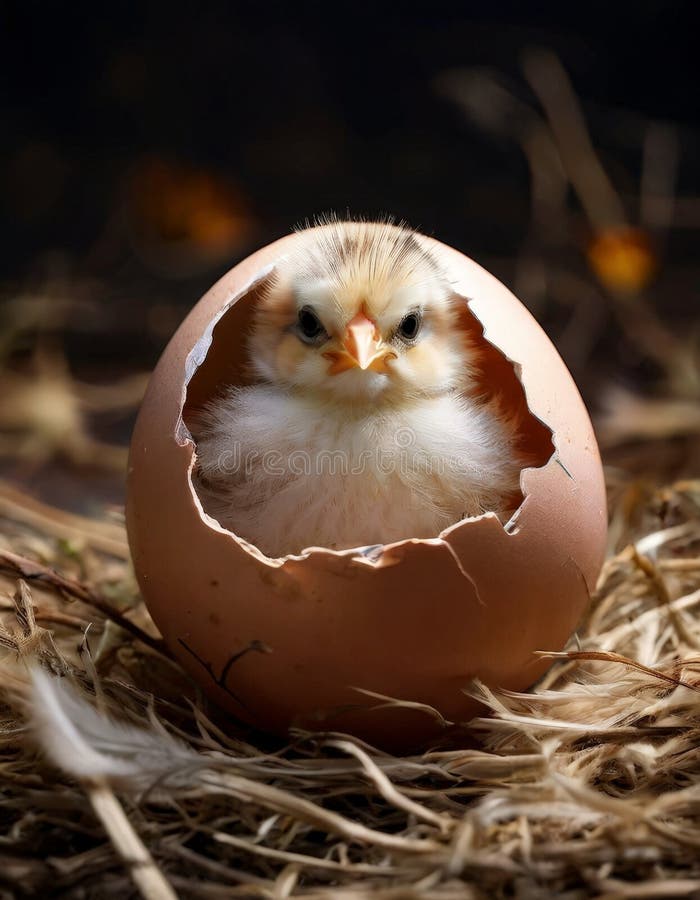 Fluffy Chick Hatching from Egg on Straw Nest Stock Image - Image of ...