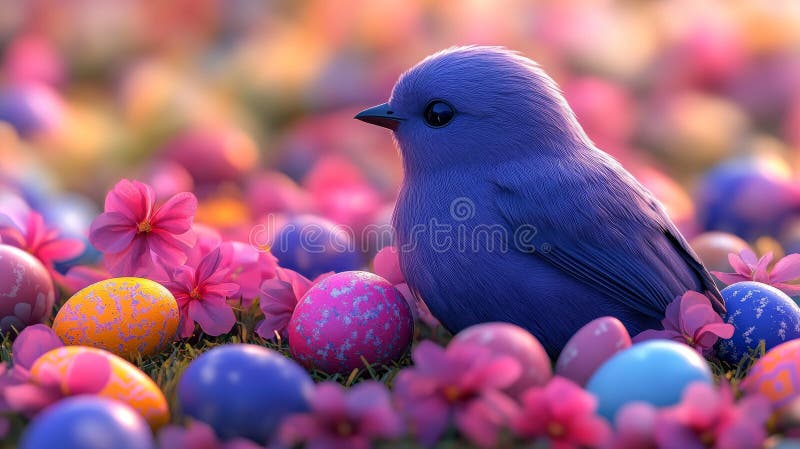 A Fluffy Chick Nestled among Vibrant Easter Eggs Hidden in a Sun ...