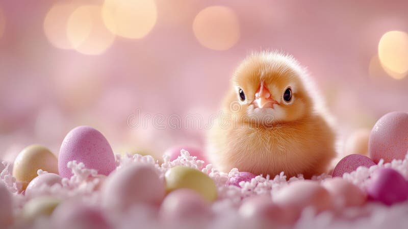 Fluffy Chick among Pastel Easter Eggs Stock Illustration - Illustration of bokeh, celebration ...