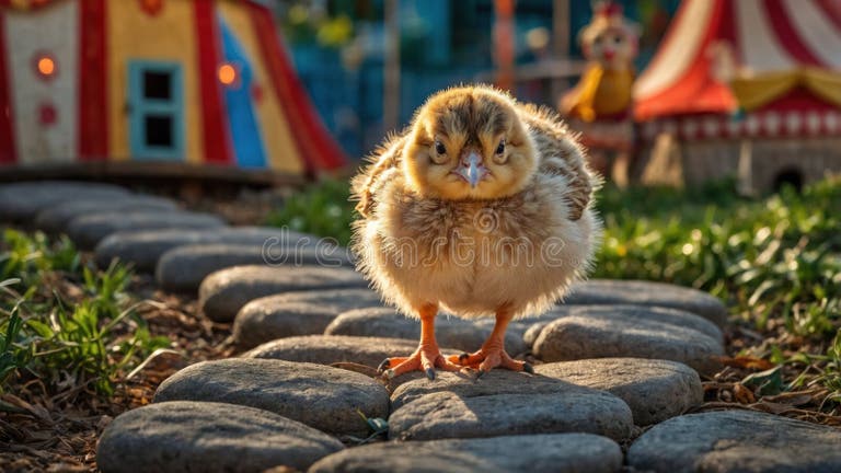 Adorable Fluffy Chick Walking on Stone Path Near a Playful Circus Tent ...