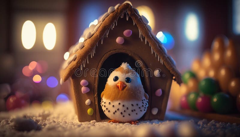 A Fluffy Chicken in Front of a Gingerbread House Stock Illustration ...