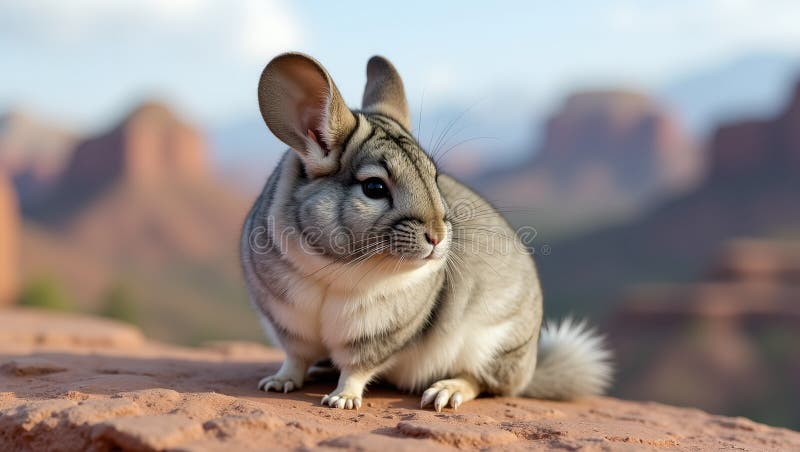 Fluffy Chinchilla Perched on Rocky Ledge with Desert Mountain Backdrop ...
