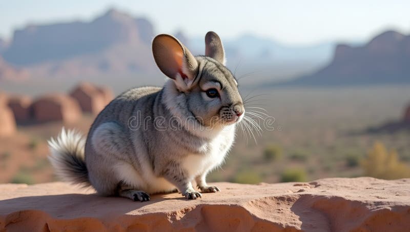 Fluffy Chinchilla Perched on Rocky Ledge with Desert Mountain Backdrop ...