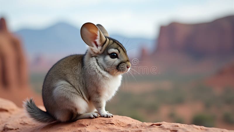 Fluffy Chinchilla Perched on Rocky Ledge with Desert Mountain Backdrop ...