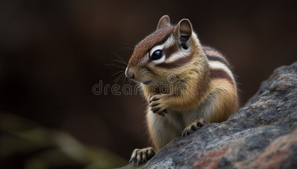 Fluffy Chipmunk Eating Grass, Looking at Camera, Striped Fur Generated ...