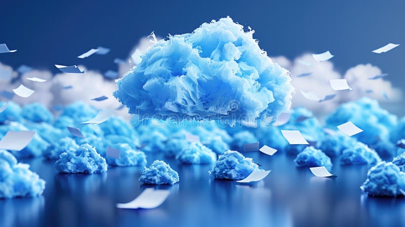 Fluffy Cloud Surrounded by Floating Documents Under a Blue Sky ...