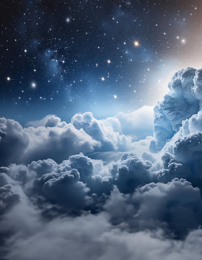 Fluffy Clouds Bathed in the Ethereal Glow Stock Illustration - Illustration of starry, space ...