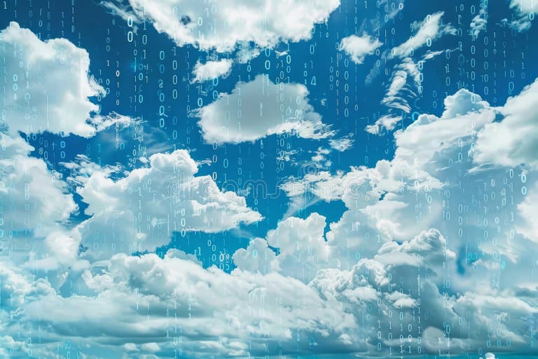 Fluffy Clouds Drift Across a Bright Blue Sky, while a Digital Overlay of Binary Code Stock ...
