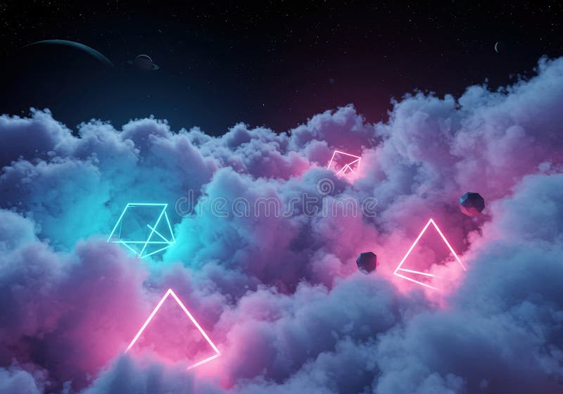 Fluffy Clouds with Neon Geometric Shapes Against a Dark Sky. Stock ...