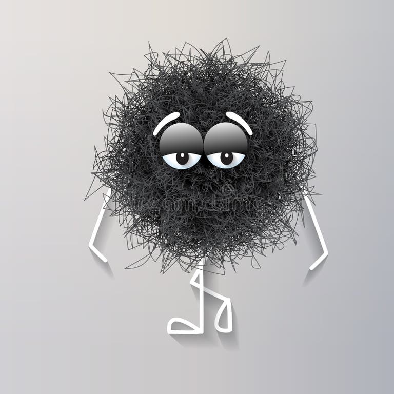 Fluffy Cute Black Spherical Creature Thinking and Stressed Stock Vector ...