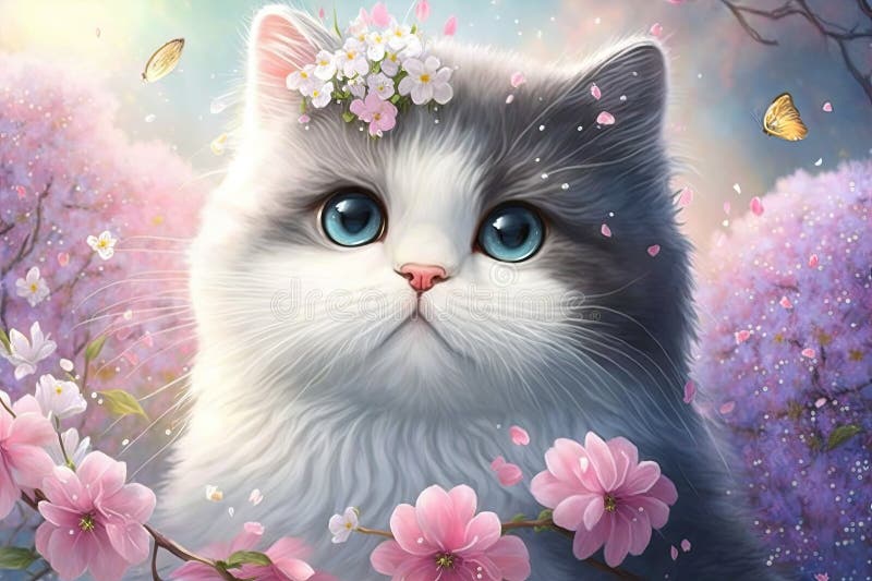 Fluffy Cute Cat with Blue Eyes and Spring Blooming Flowers. Generative ...