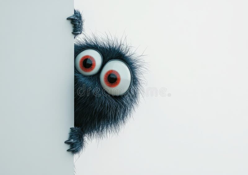 A Fluffy Cute Dark Blue Monster is Peeking Out from Behind a White Wall ...