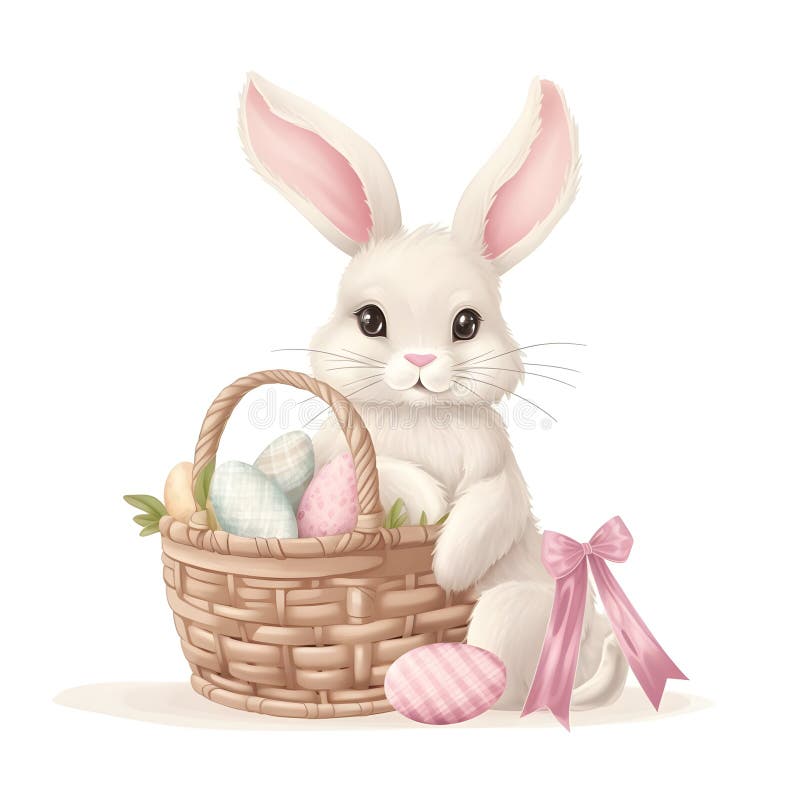 Fluffy Cute Easter Bunny with Basket Full Decorated Easter Eggss ...
