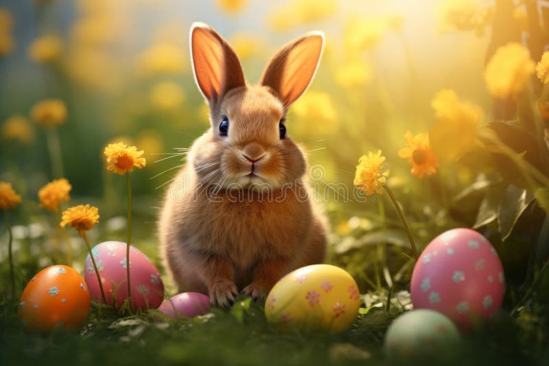Fluffy Cute Easter Rabbit Sitting among Flowers and Colourful Easter ...