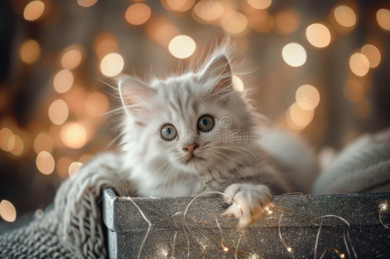 Fluffy Cute Kitten in a Gift Box on a Christmas Bokeh Background Stock ...