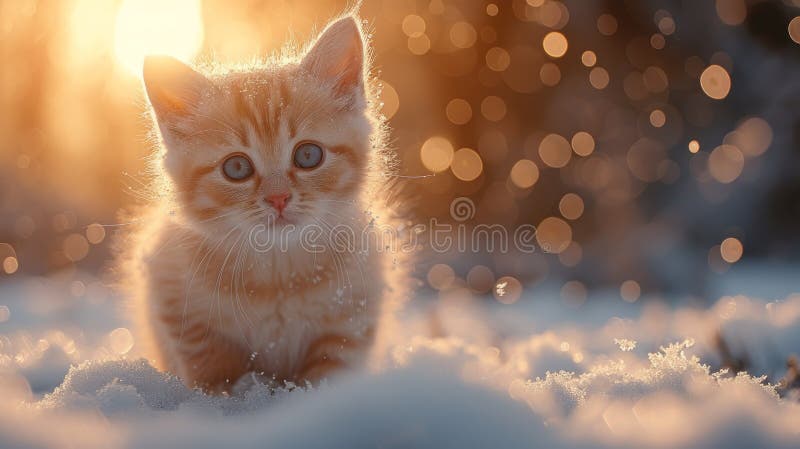 A Fluffy Cute Kitten in the Snow Under Golden Sunlight. Stock Image ...
