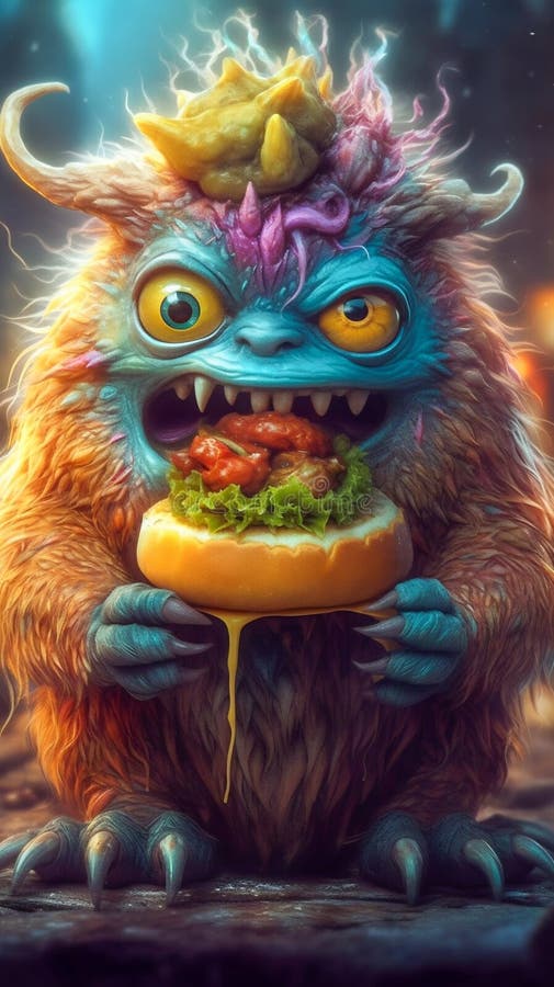 Fluffy Cute Monster Eating Burger. Generative Ai Stock Illustration ...