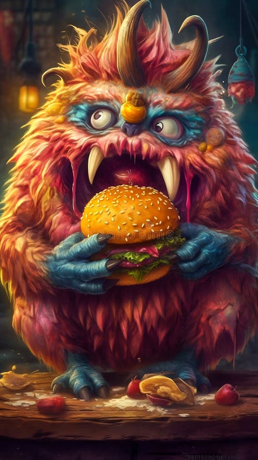 Fluffy Cute Monster Eating Burger. Generative Ai Stock Illustration ...